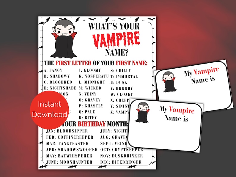What's Your Vampire Name Game + Name Tags, Halloween Party Game ...