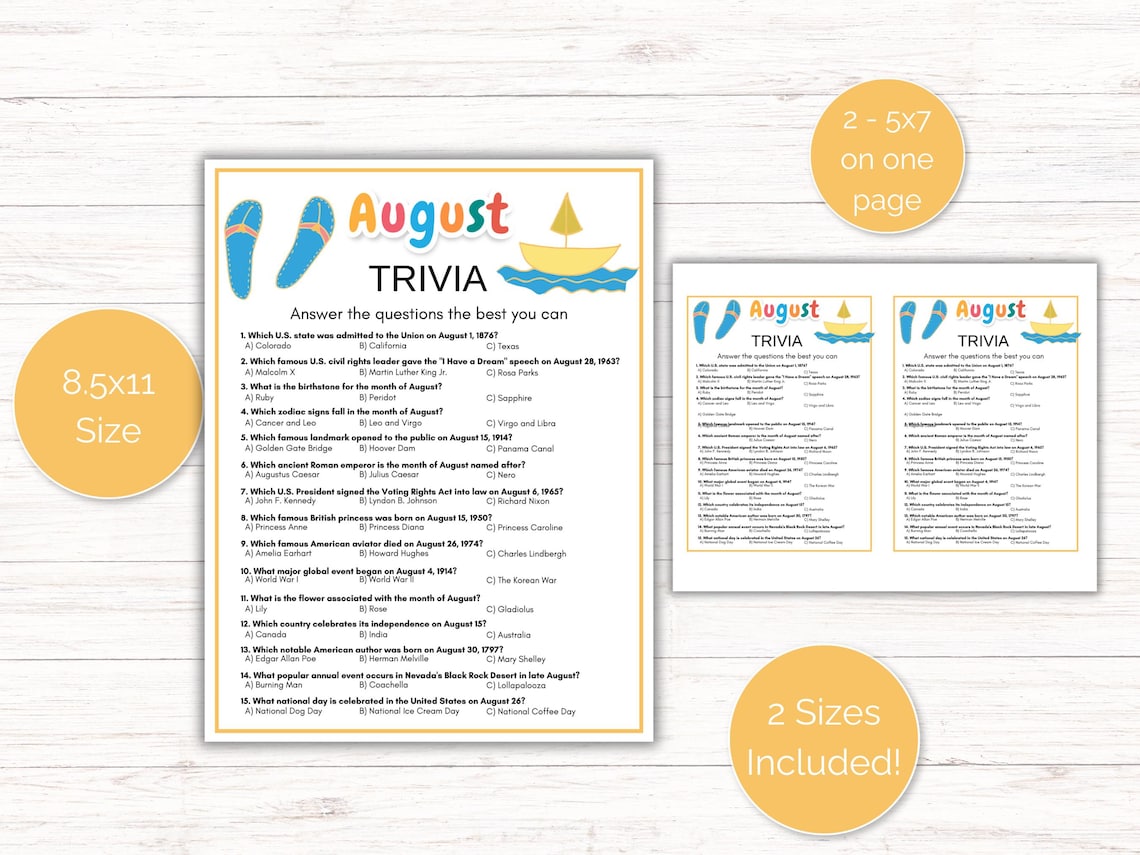 August Trivia Game, Summer Party Game, August Quiz, Summertime Activity ...