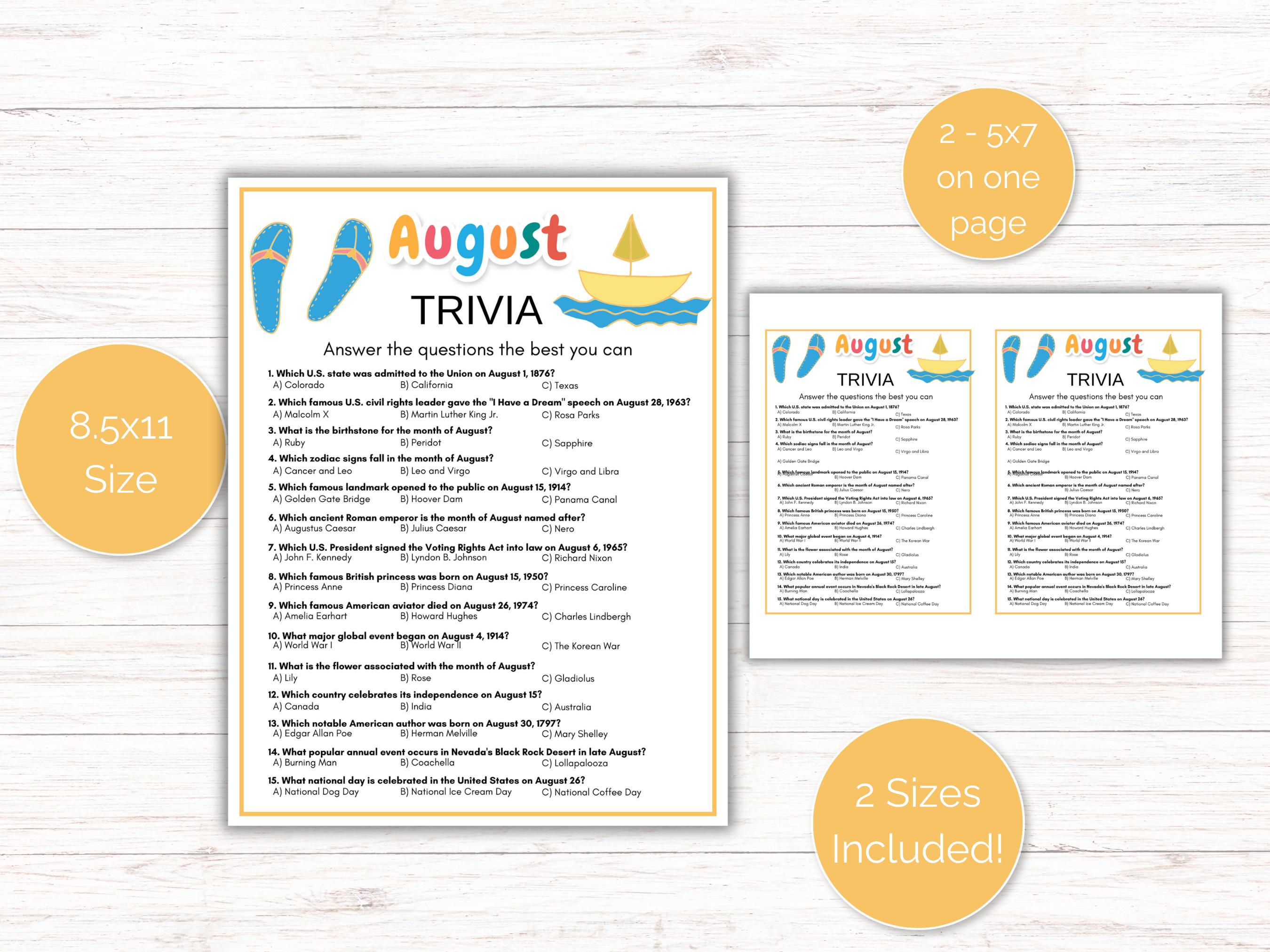 August Trivia Game, Summer Party Game, August Quiz, Summertime Activity ...