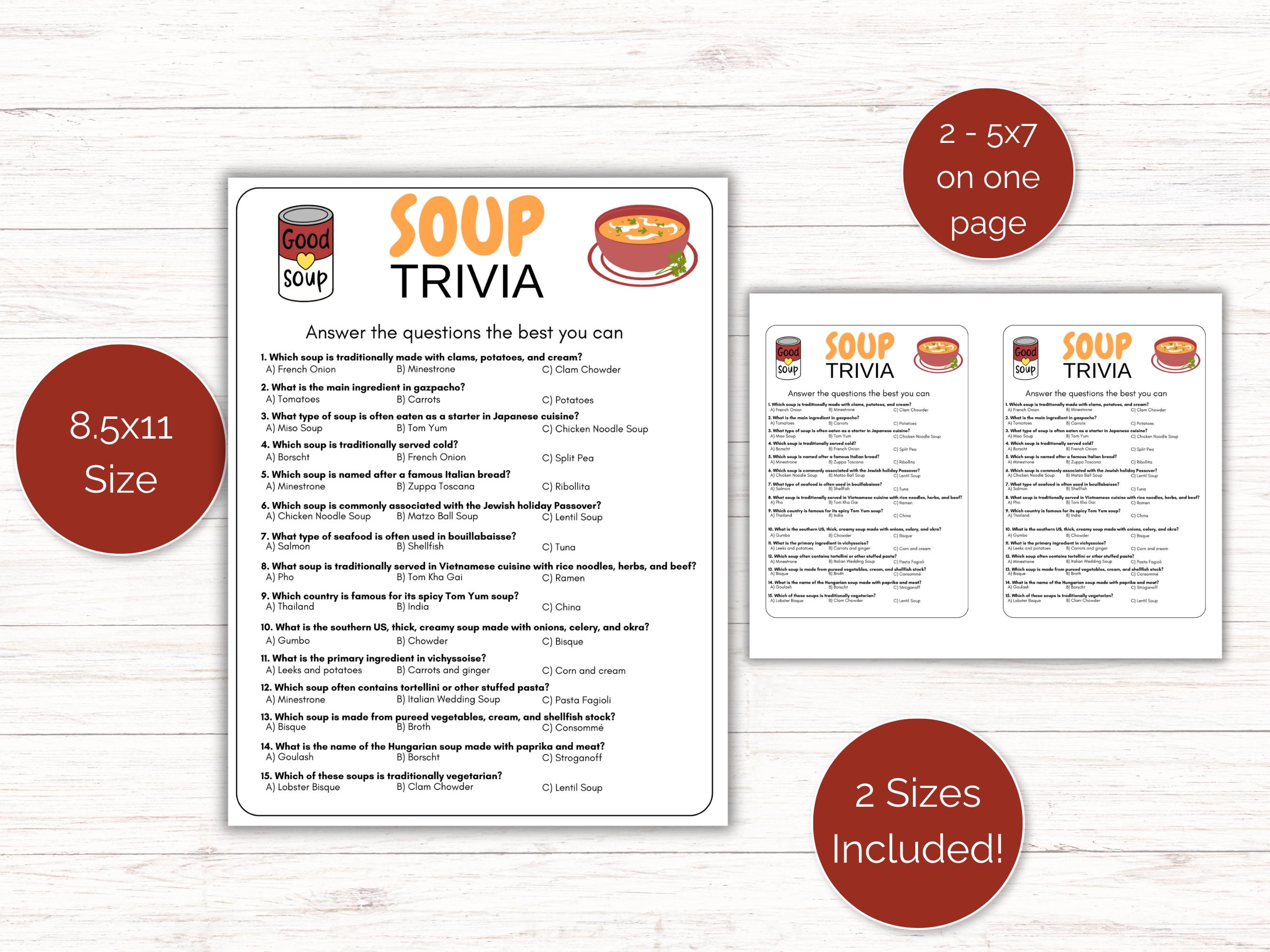 Soup Trivia Game, Soup Quiz, Printable Soup Cook-off Game for Kids and ...