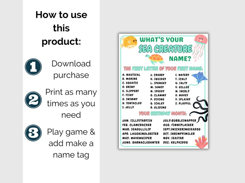 What's Your Sea Creature Name Game + Name Tags, Under the Sea Party ...