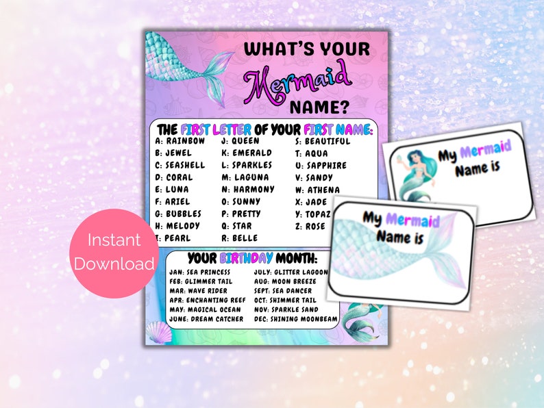 What's Your Mermaid Name Game + Name Tags, Mermaid Birthday Game ...
