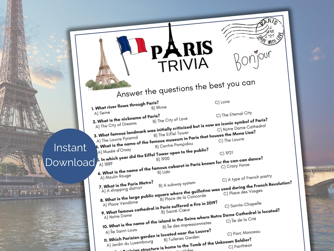Paris Trivia Game, Paris Quiz, Printable Paris Game for Kids and Adults ...