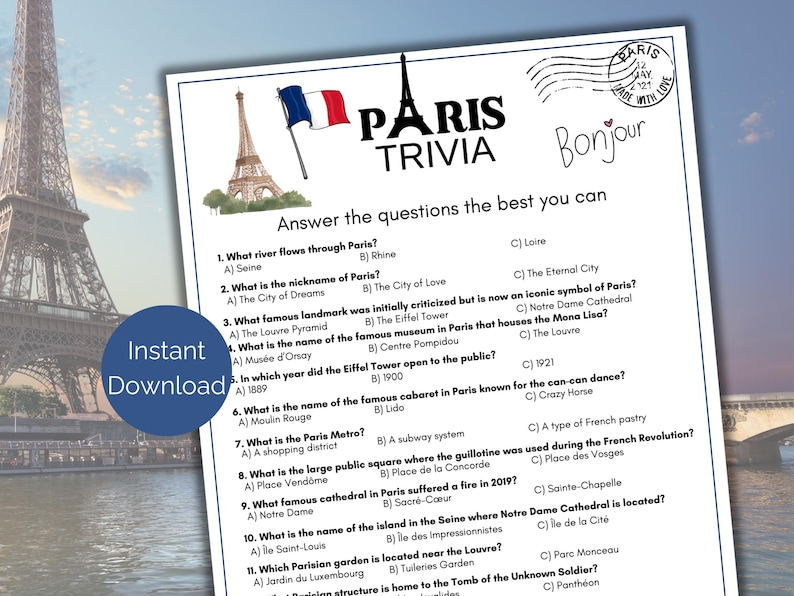 Paris Trivia Game, Paris Quiz, Printable Paris Game for Kids and Adults ...