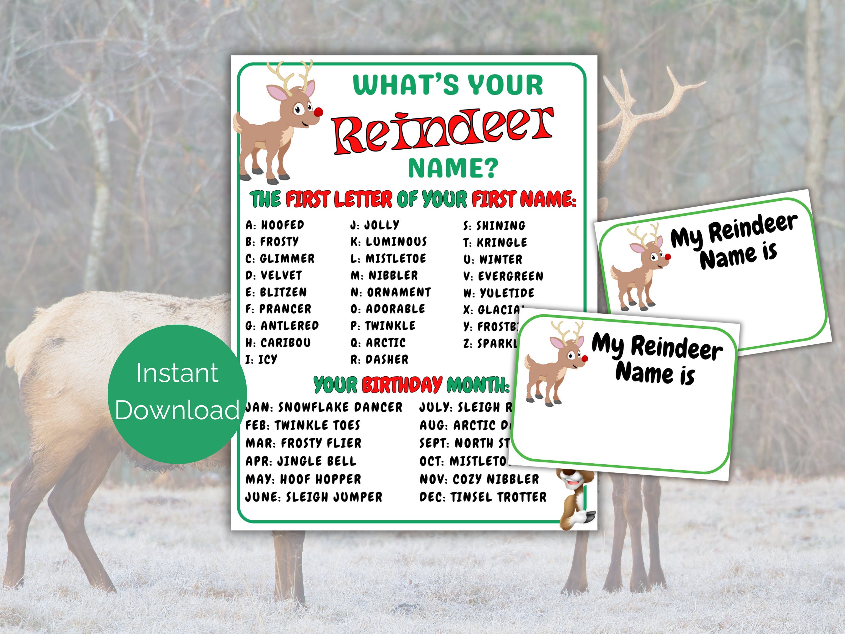 What's Your Reindeer Name Game + Name Tags, Christmas Party Game ...