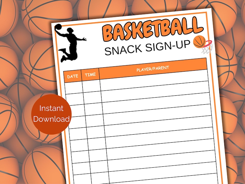 Basketball Snack Sign up Sheet, Printable Basketball Snack Schedule ...