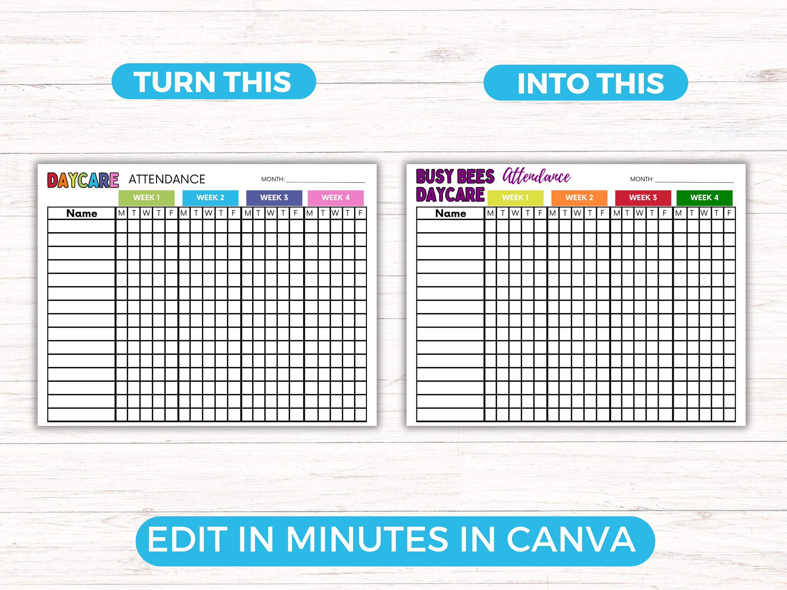 Editable Daycare Weekly Attendance Sheet, Printable Daycare Attendance ...