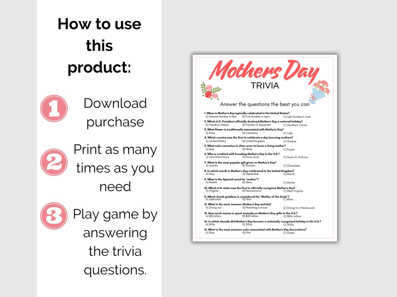 Mothers Day Trivia Game, Printable Mothers Day Quiz, Mothers Day Party ...
