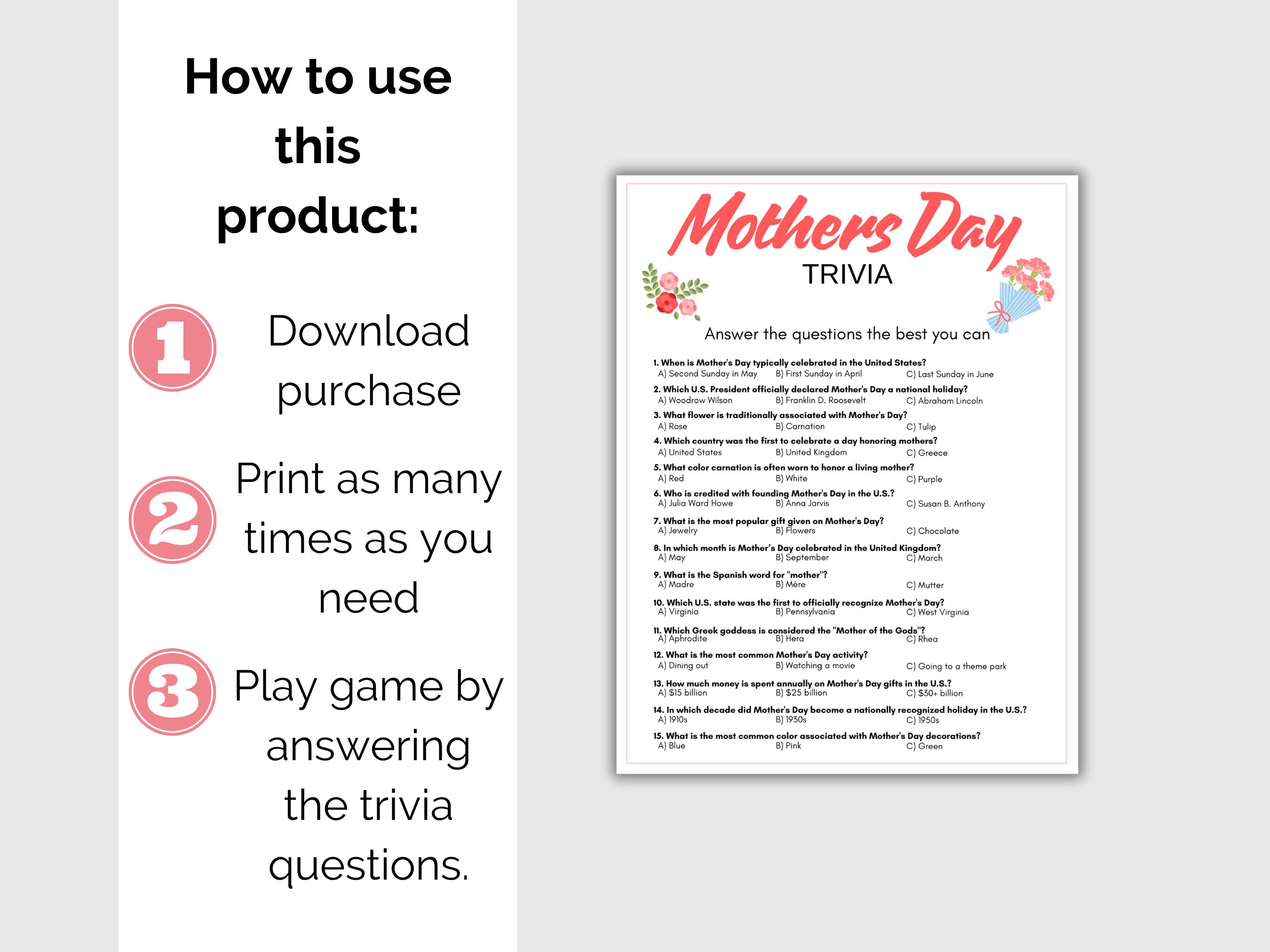 Mothers Day Trivia Game, Printable Mothers Day Quiz, Mothers Day Party ...
