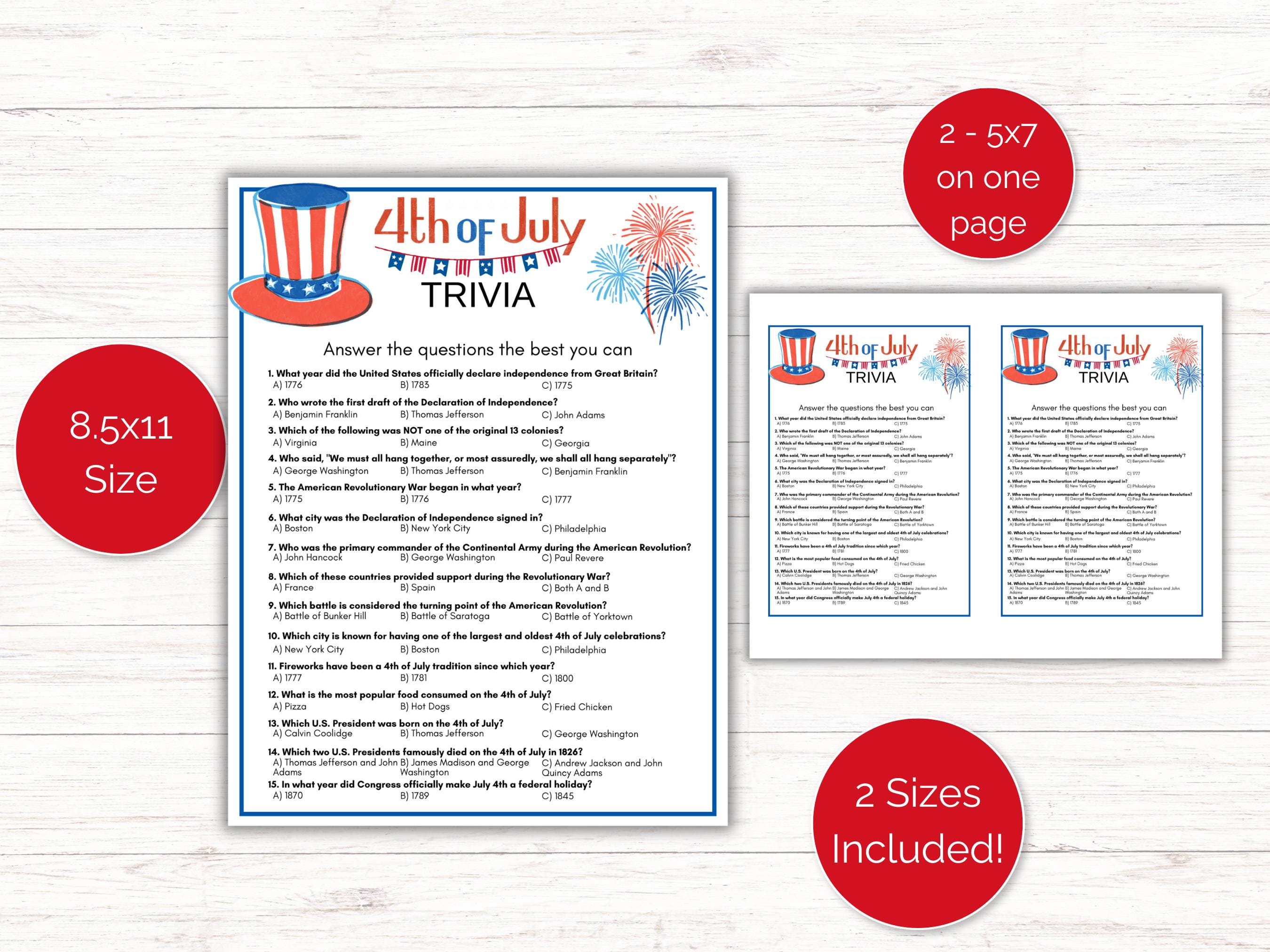 July 4th Trivia Game, July 4th Quiz, 4th of July Game, American Trivia ...