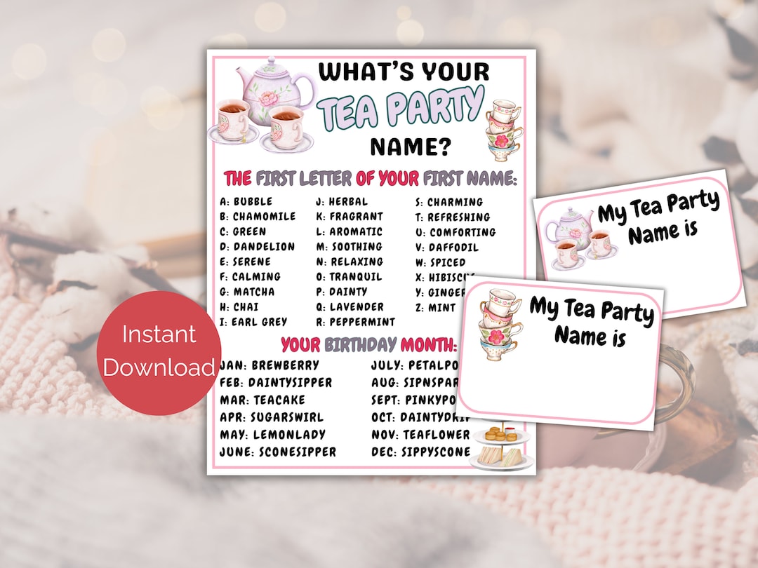What's Your Tea Party Name Game + Name Tags, Tea Party Games for Kids ...
