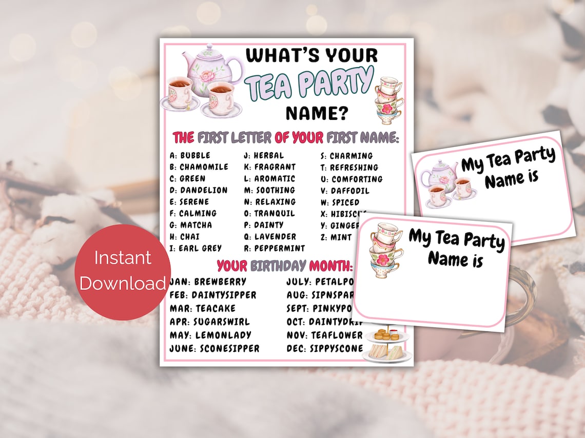 What's Your Tea Party Name Game + Name Tags, Tea Party Games for Kids ...