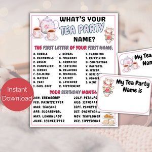 What's Your Tea Party Name Game + Name Tags, Tea Party Games for Kids ...
