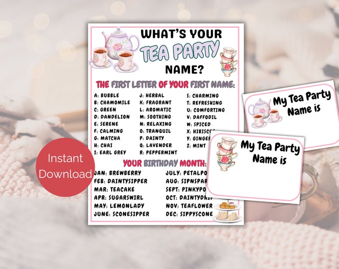 What's Your Tea Party Name Game + Name Tags, Tea Party Games for Kids ...