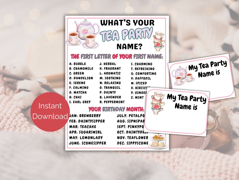What's Your Tea Party Name Game + Name Tags, Tea Party Games for Kids ...