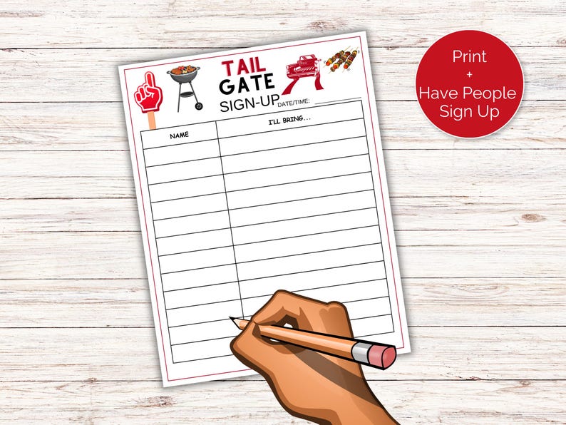 Tailgate Sign up Sheet, Printable Tailgate Party Potluck Sign up Form ...