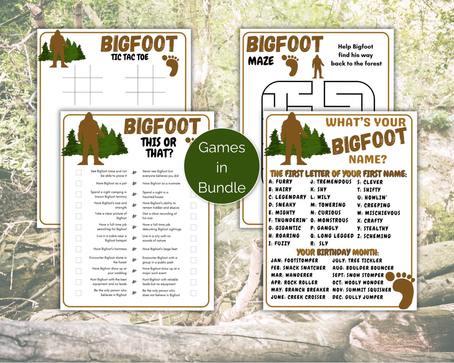 Bigfoot Games, Bigfoot Party Printable, Sasquatch Activity for Kids ...
