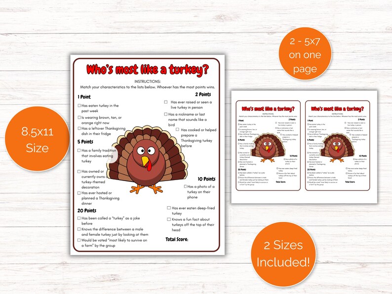 Who's the Most Like a Turkey, Printable Thanksgiving Game, Thanksgiving ...