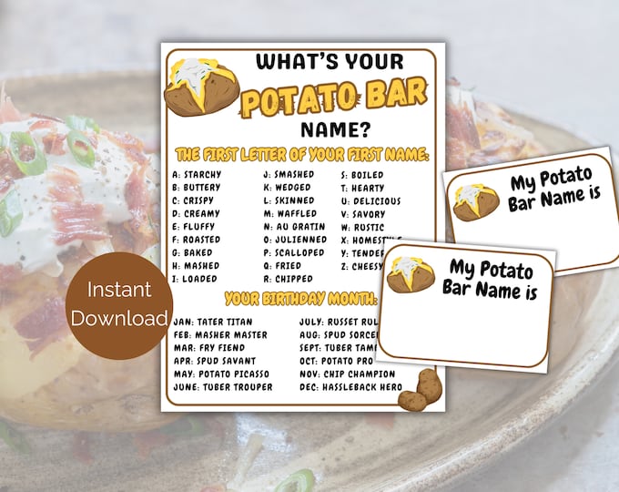 What's Your Potato Name Game + Name Tags, Potato Bar Party Game, Potato ...