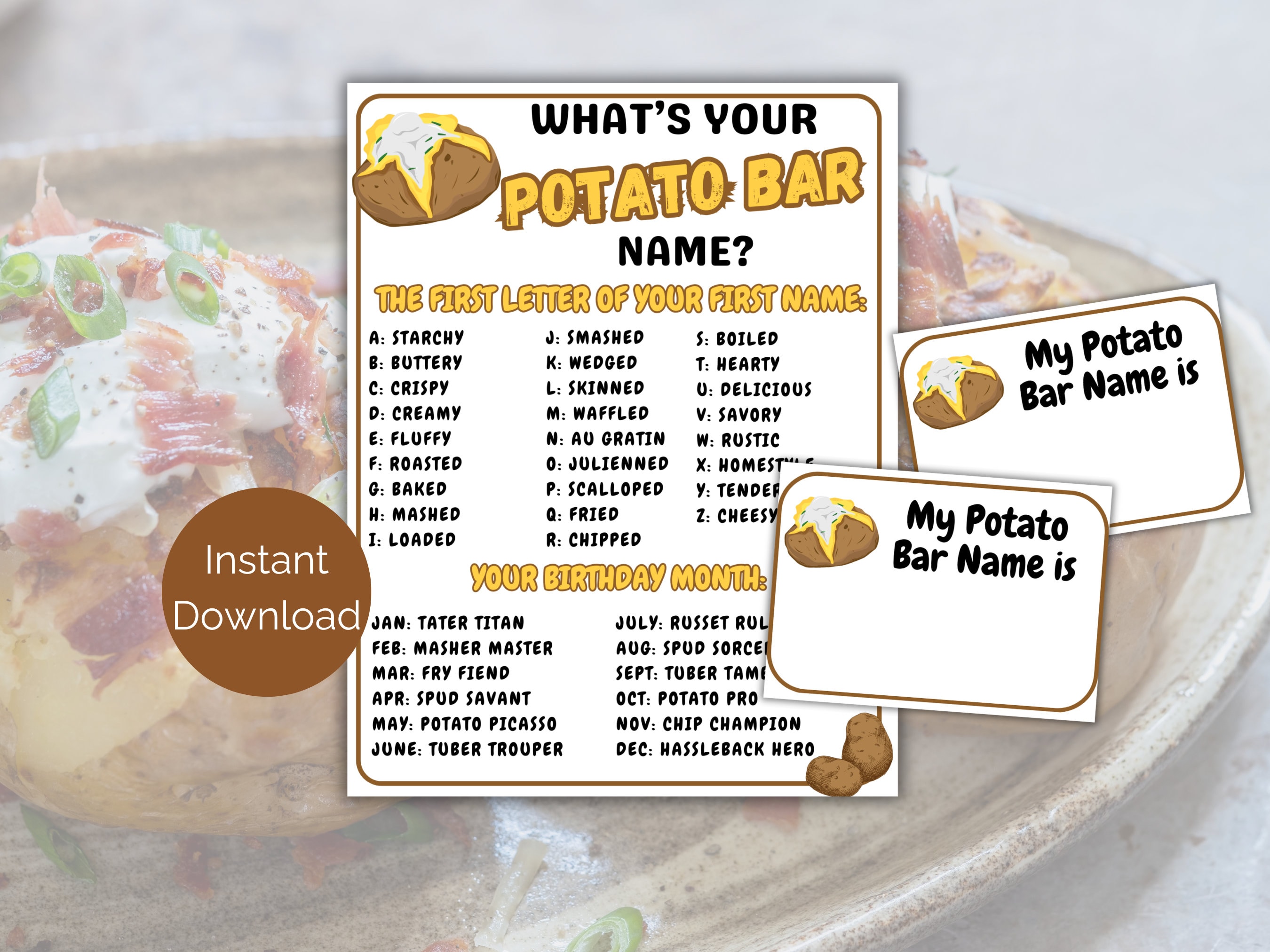 What's Your Potato Name Game + Name Tags, Potato Bar Party Game, Potato ...