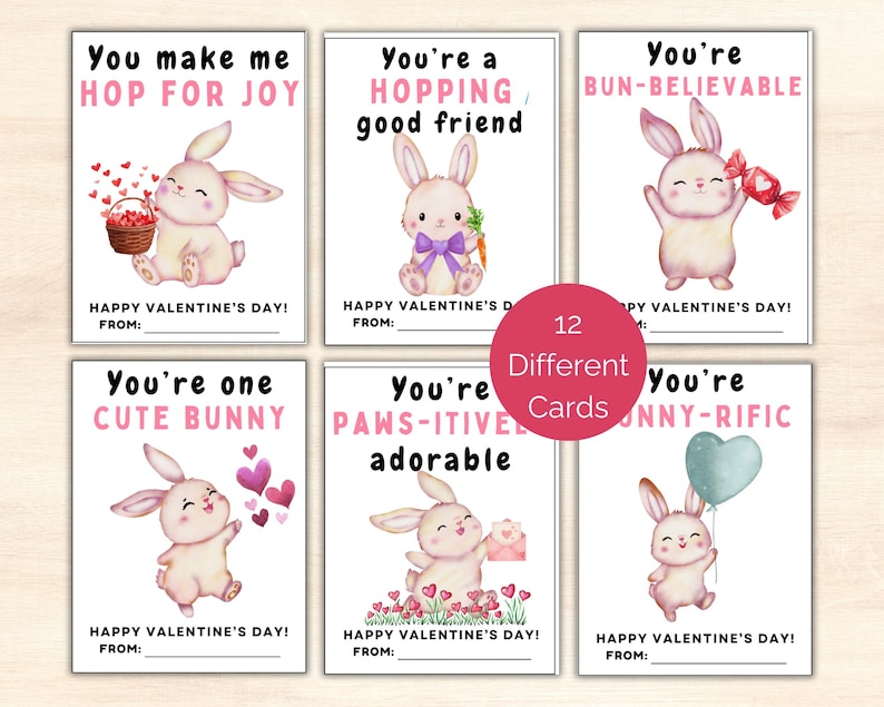 Bunny Valentine Cards, 12 Printable Bunny Valentines for Kids, Funny ...