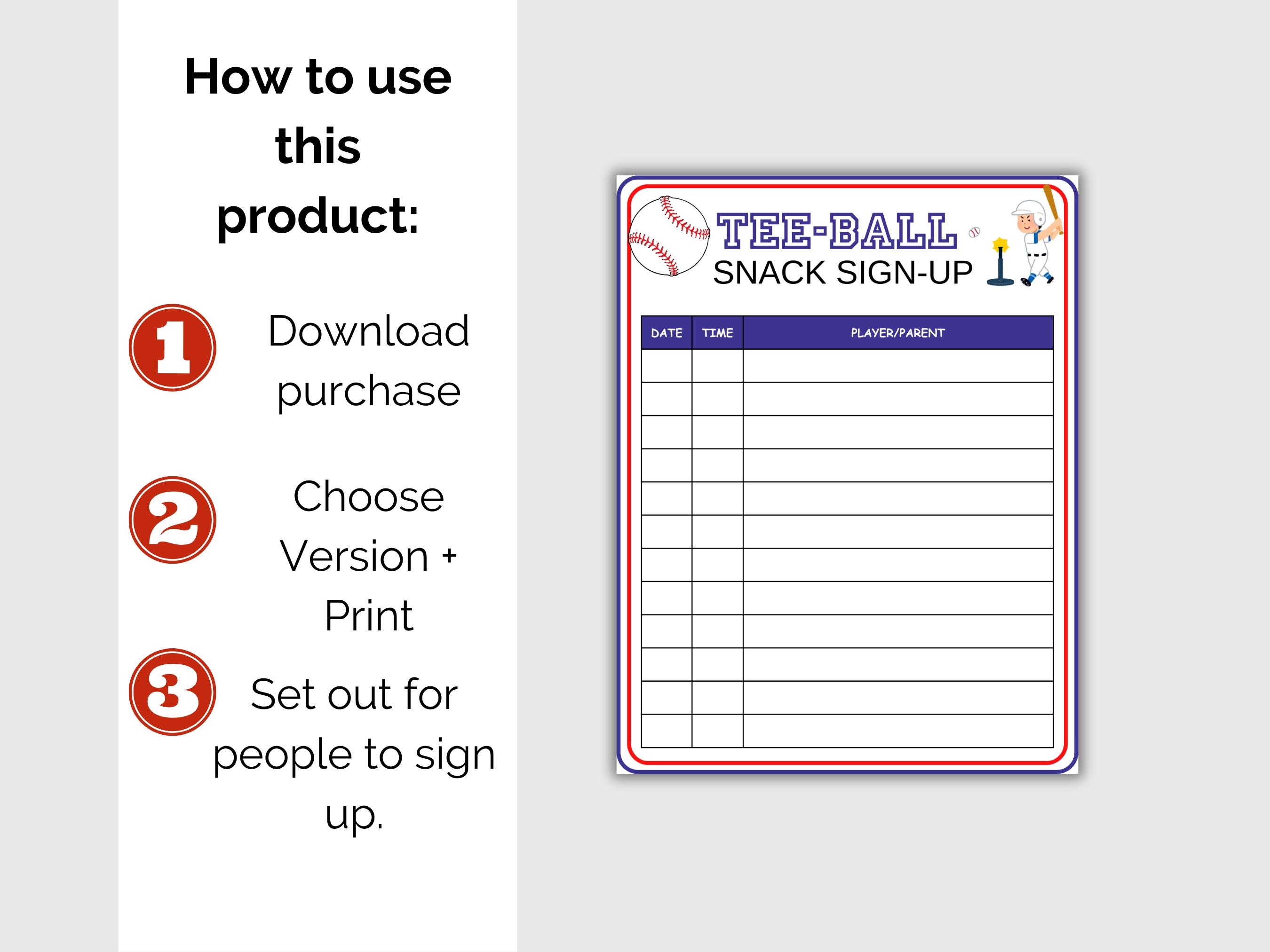 T-ball Snack Sign up Sheet, Printable T-ball Snack Calendar, T-ball ...
