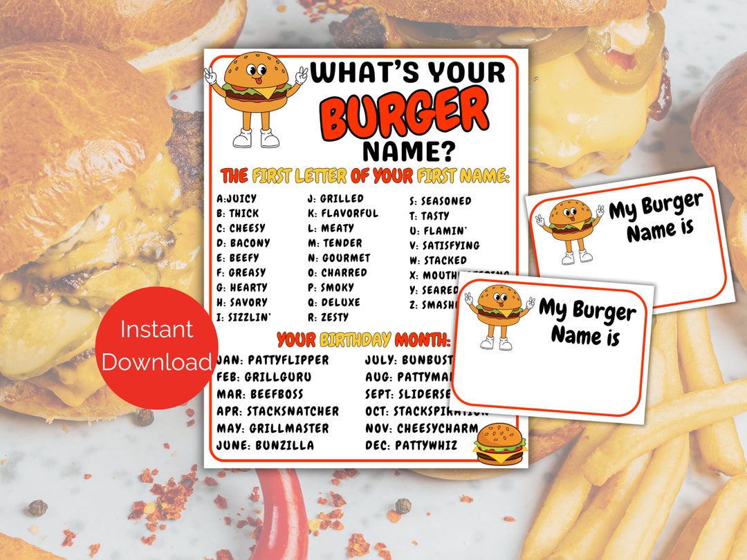 What's Your Burger Name Game + Name Tags, Burger Day Activity, Burger ...