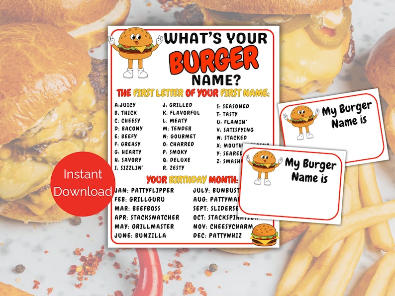 What's Your Burger Name Game + Name Tags, Burger Day Activity, Burger ...