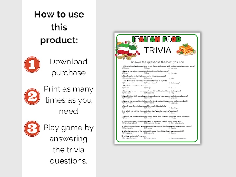 Italian Food Trivia Game, Italian Food Quiz, Pasta Trivia for Kids and ...