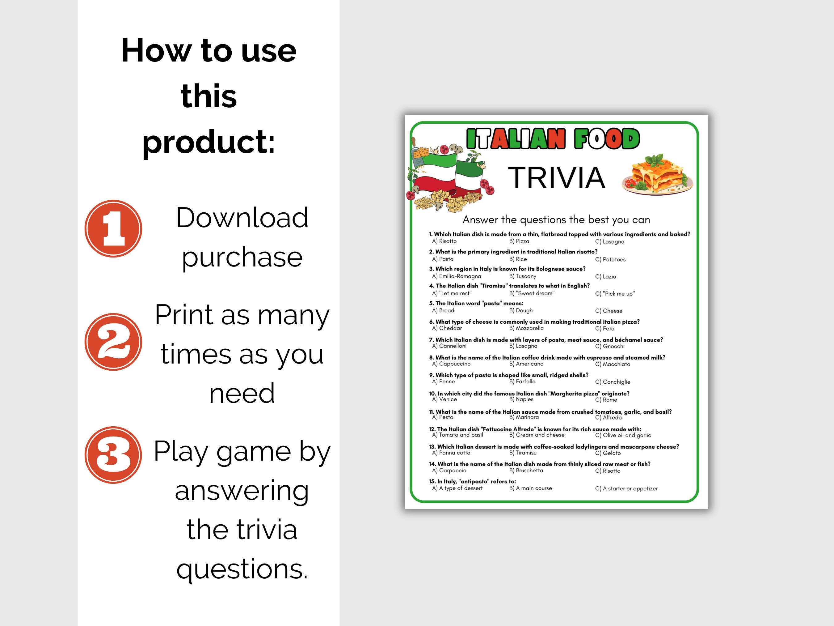 Italian Food Trivia Game, Italian Food Quiz, Pasta Trivia for Kids and ...