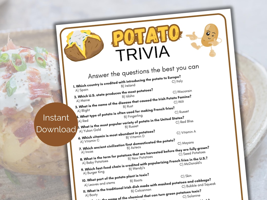 Potato Trivia Game, Potato Quiz, Printable Potato Bar Game for Kids ...