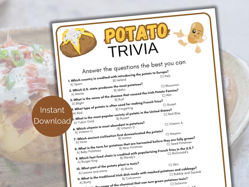 Potato Trivia Game, Potato Quiz, Printable Potato Bar Game for Kids ...