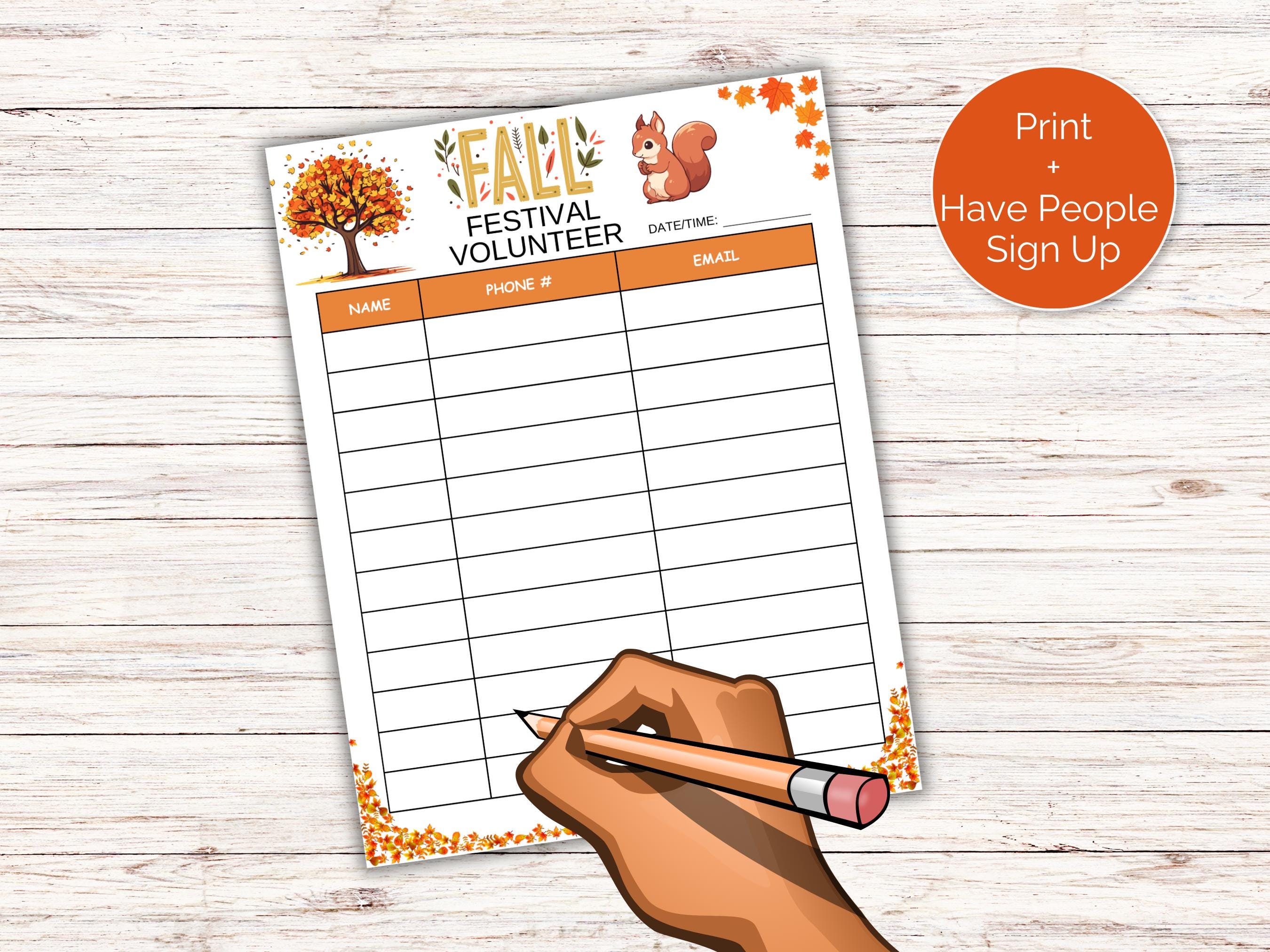 Fall Festival Volunteer Sign up Sheet, Printable Harvest Festival ...
