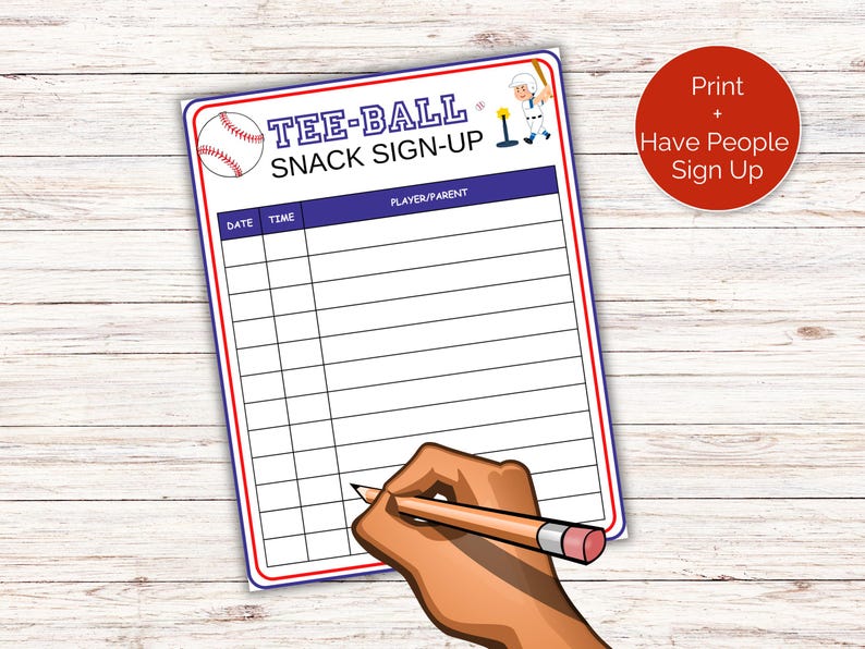 T-ball Snack Sign up Sheet, Printable T-ball Snack Calendar, T-ball ...