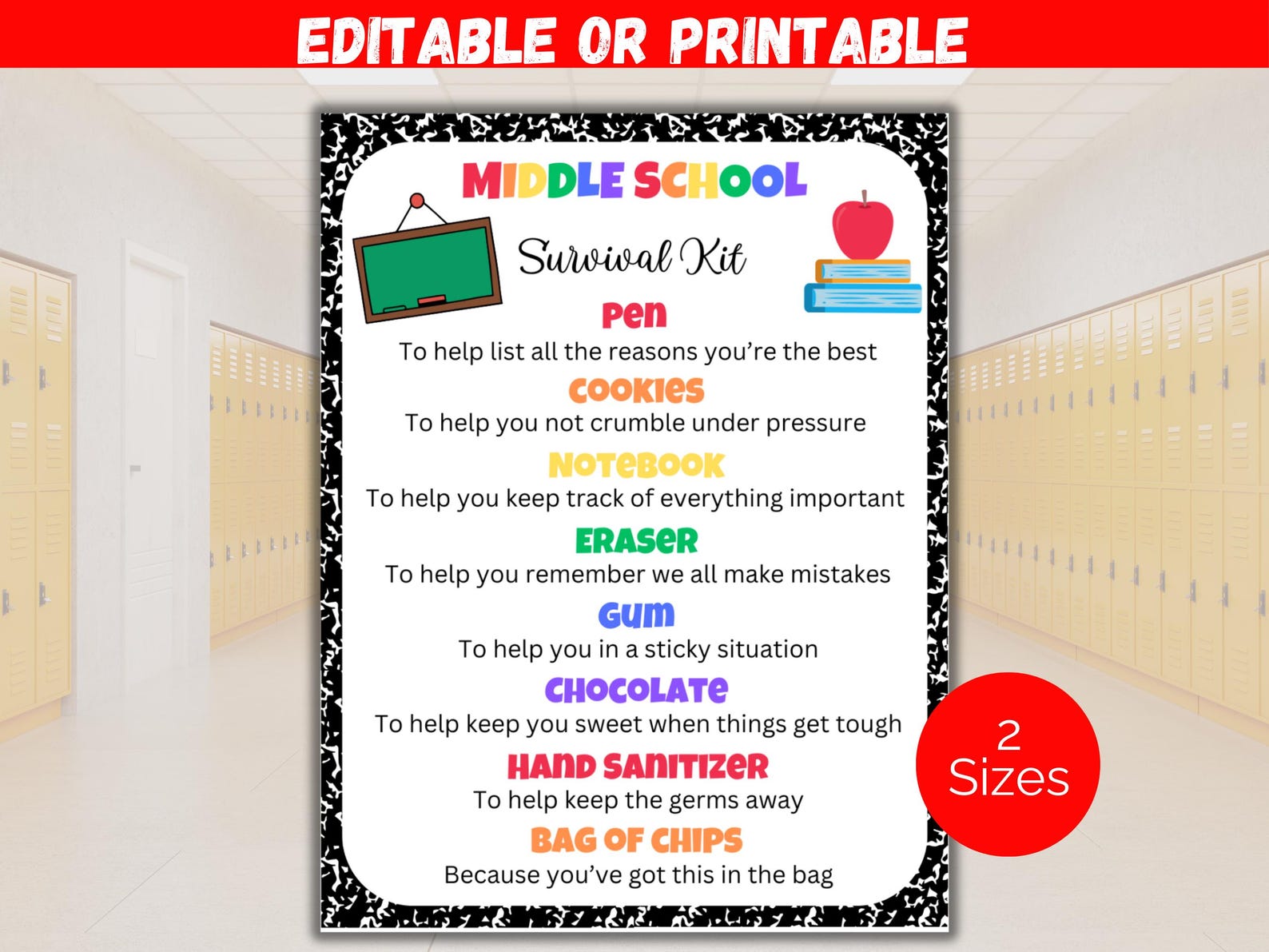 Editable Middle School Survival Kit Gift Tags, Back to School Gift Tag ...