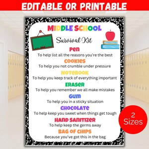 Editable Middle School Survival Kit Gift Tags, Back to School Gift Tag ...