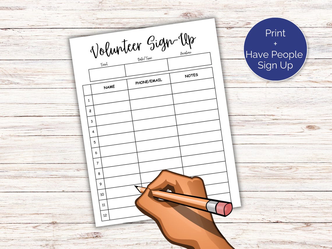 Volunteer Sign up Sheet, Printable Volunteer Signup List, Volunteer ...