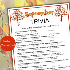 September Trivia Game, Printable September Quiz, Fall Party Game, Fall ...