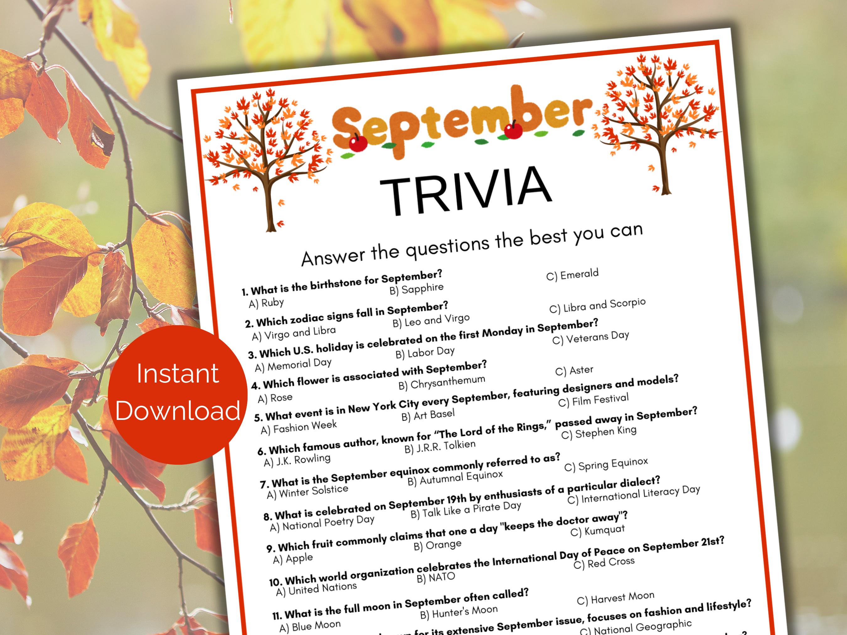 September Trivia Game, Printable September Quiz, Fall Party Game, Fall ...