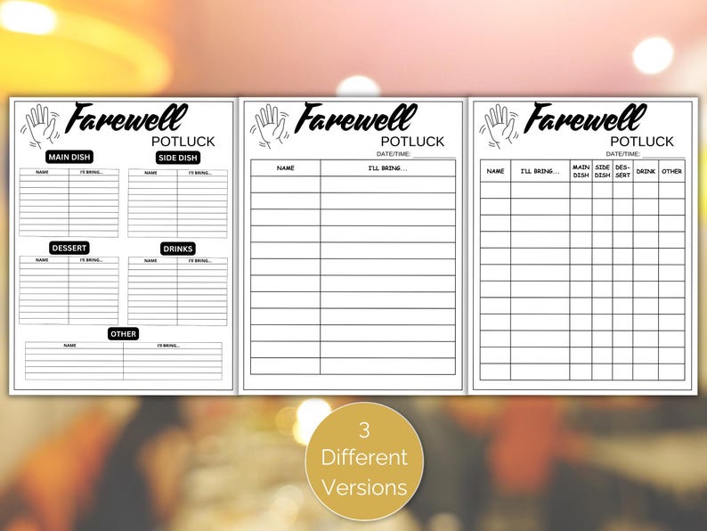 Farewell Potluck Sign up Sheet, Printable Going Away Party Potluck Sign ...