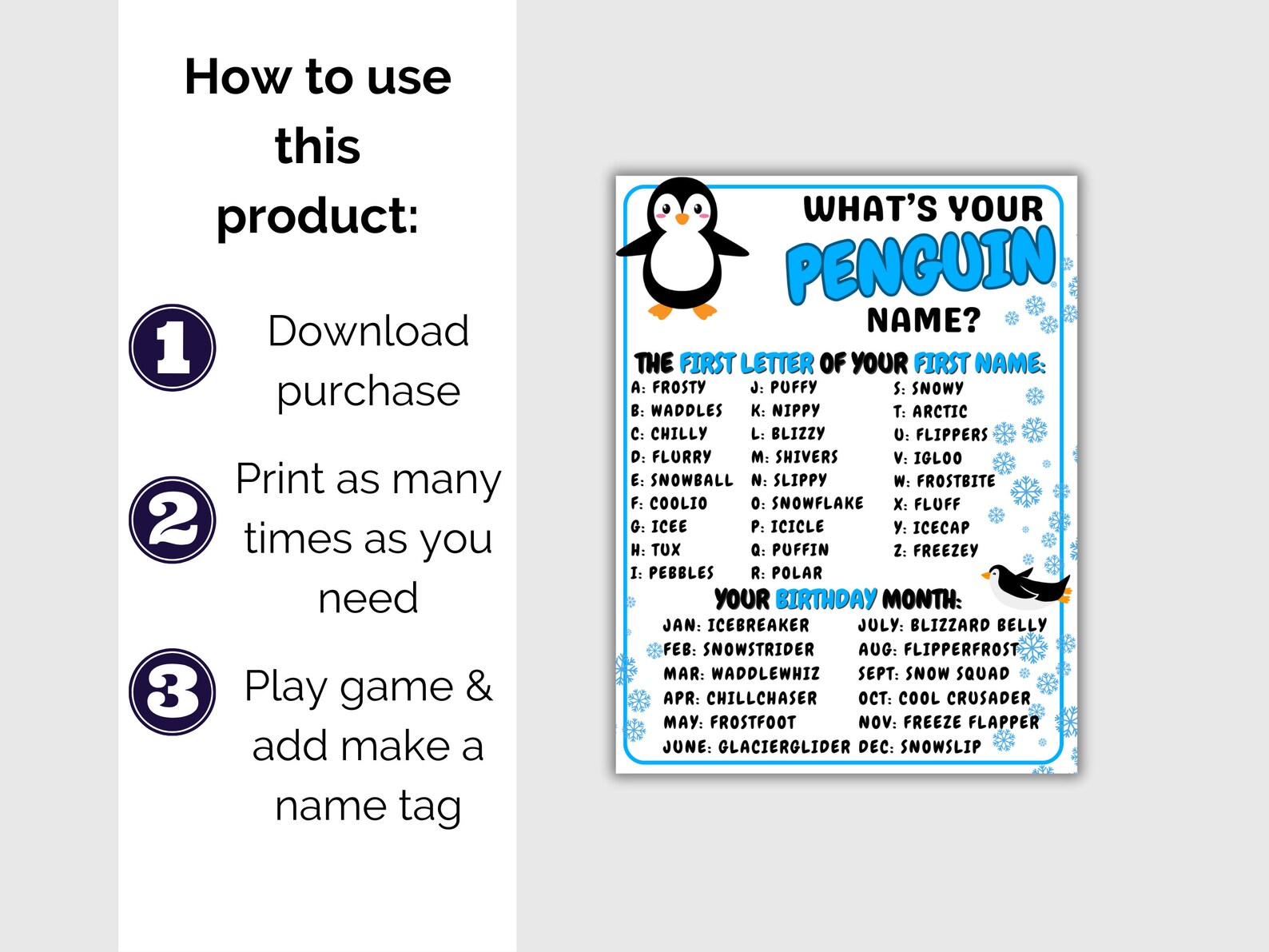 What's Your Penguin Name Game + Name Tags, Penguin Birthday Printable ...