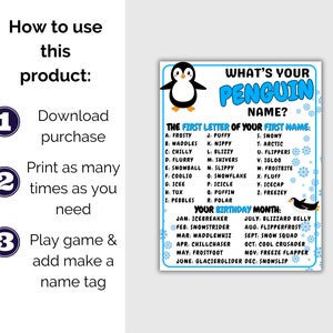 What's Your Penguin Name Game + Name Tags, Penguin Birthday Printable ...