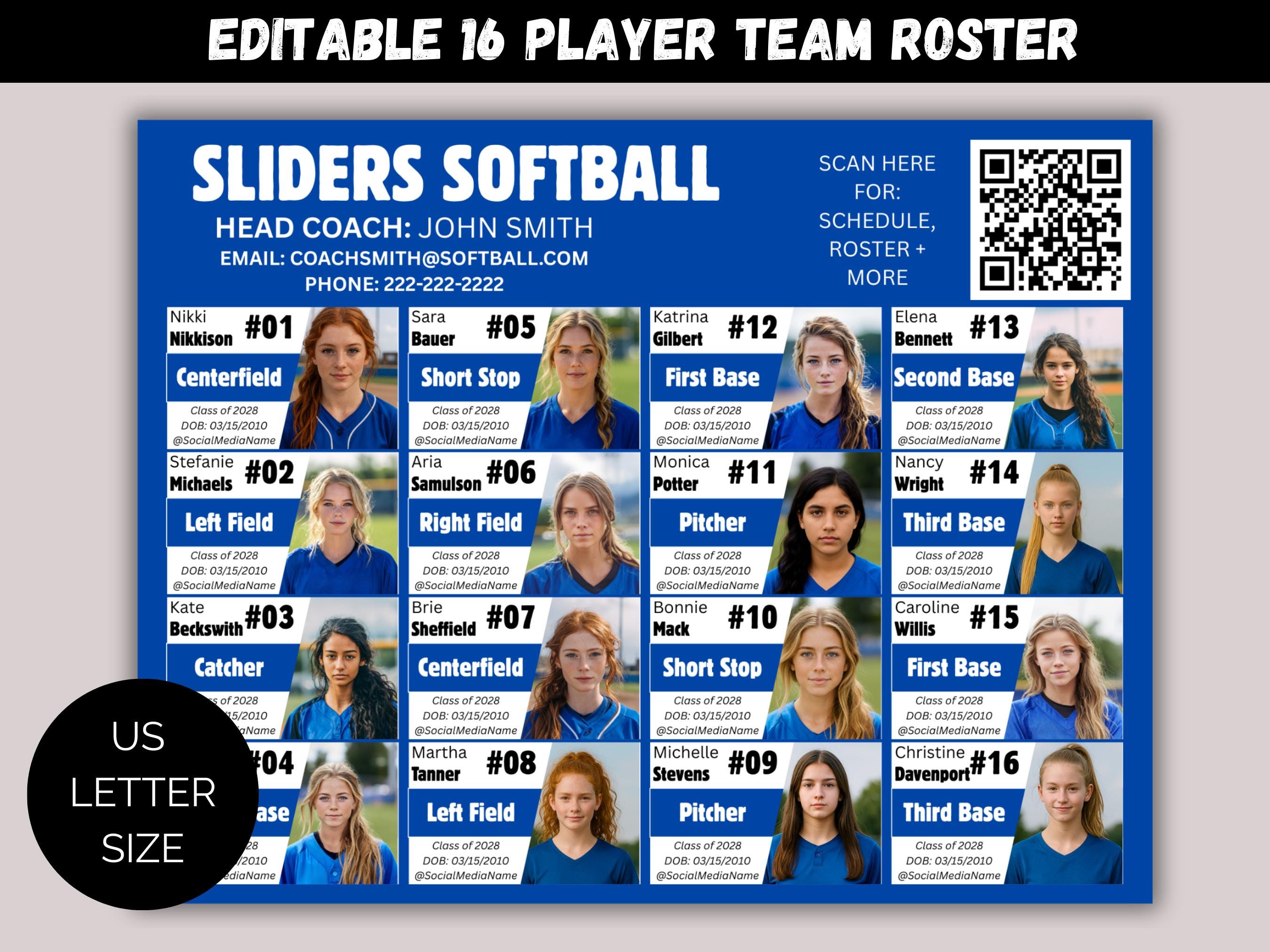 Editable 16 Player Team Roster Template, Customizable Travel Team ...