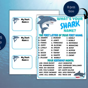 What's Your Shark Name Game + Name Tags, Shark Birthday Party Activity ...