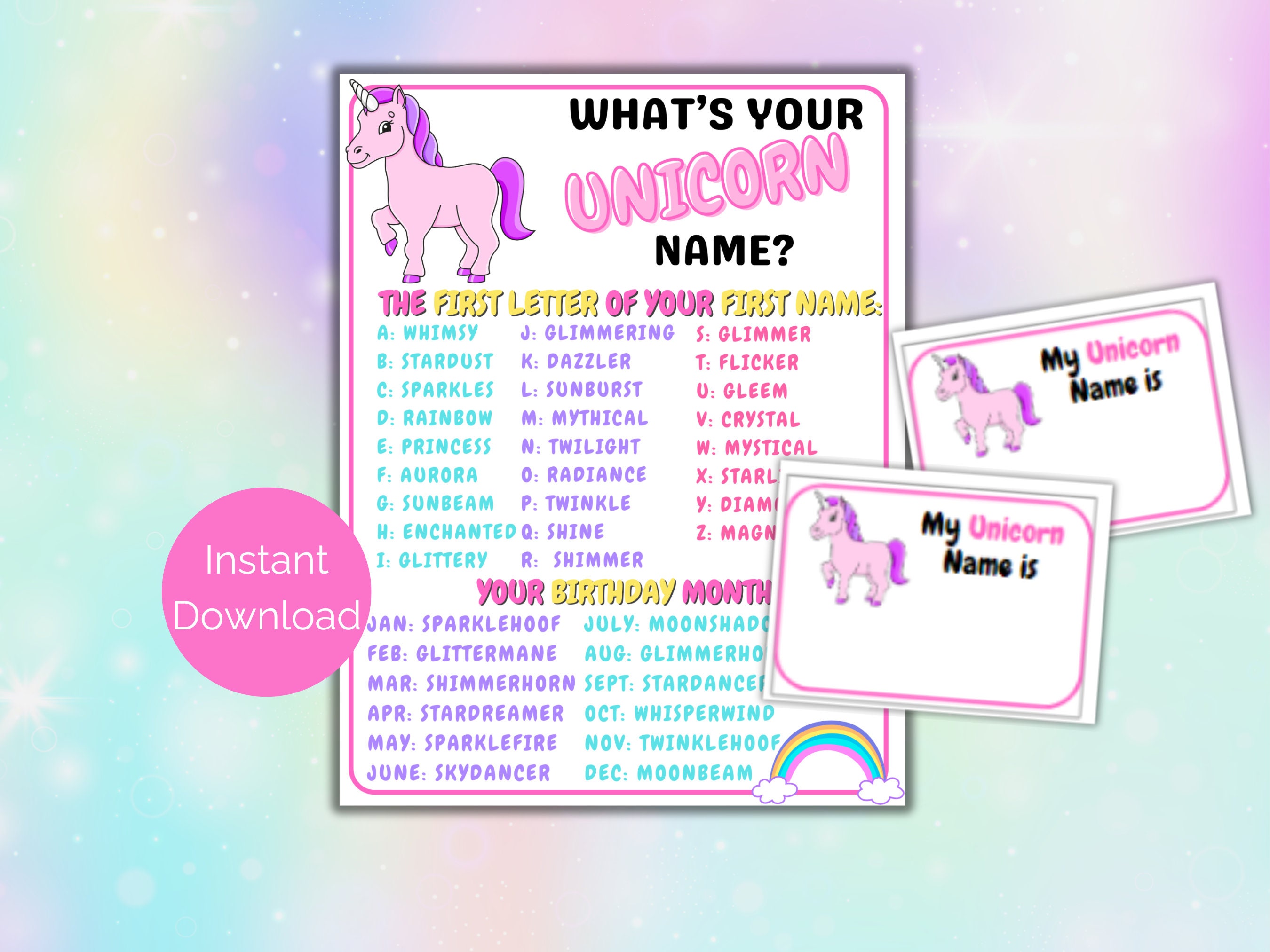 What's Your Unicorn Name Game + Name Tags, Unicorn Birthday Party Game ...