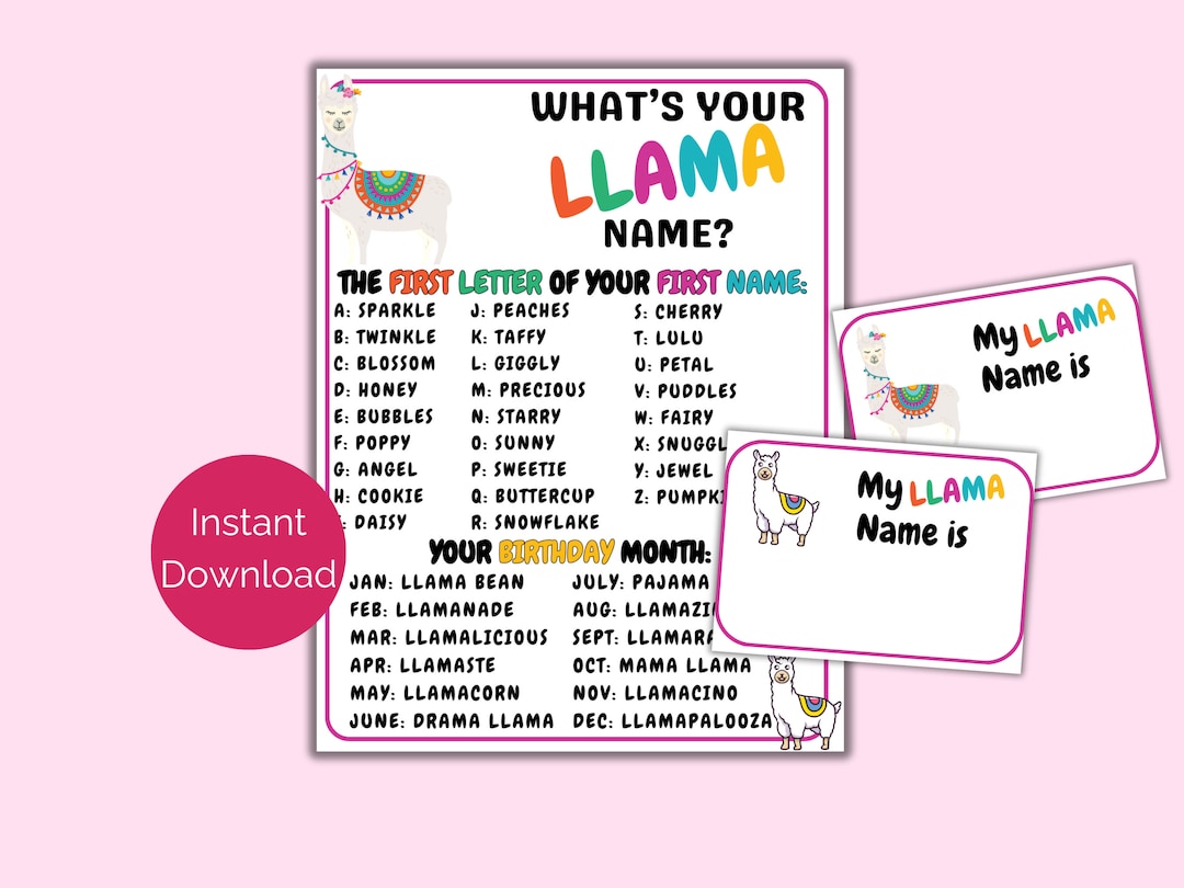 What's Your Llama Name Game + Name Tags, Llama Birthday Party Game ...