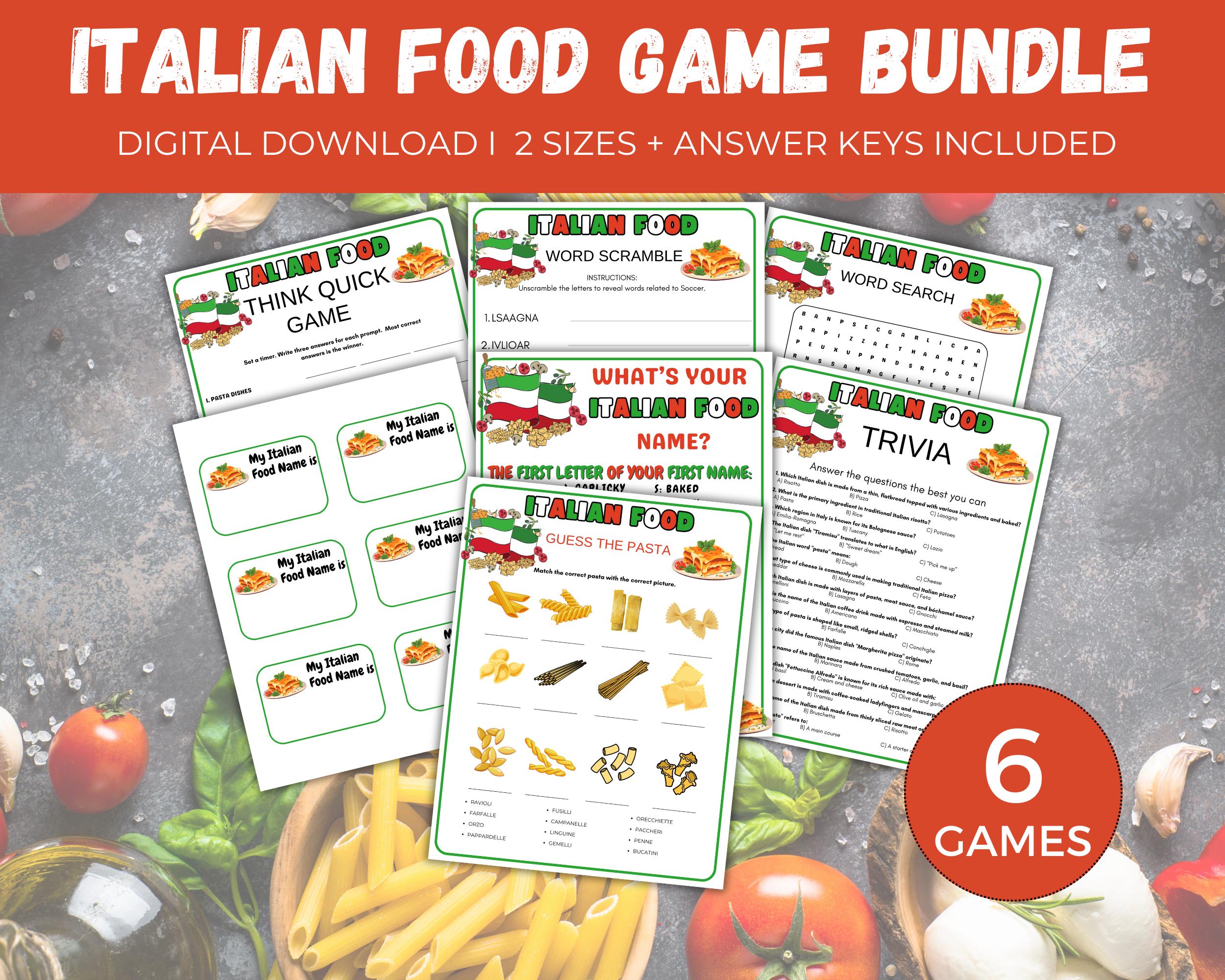 Italian Food Game Bundle, Pasta Dinner Party Games, Pasta Party Trivia ...