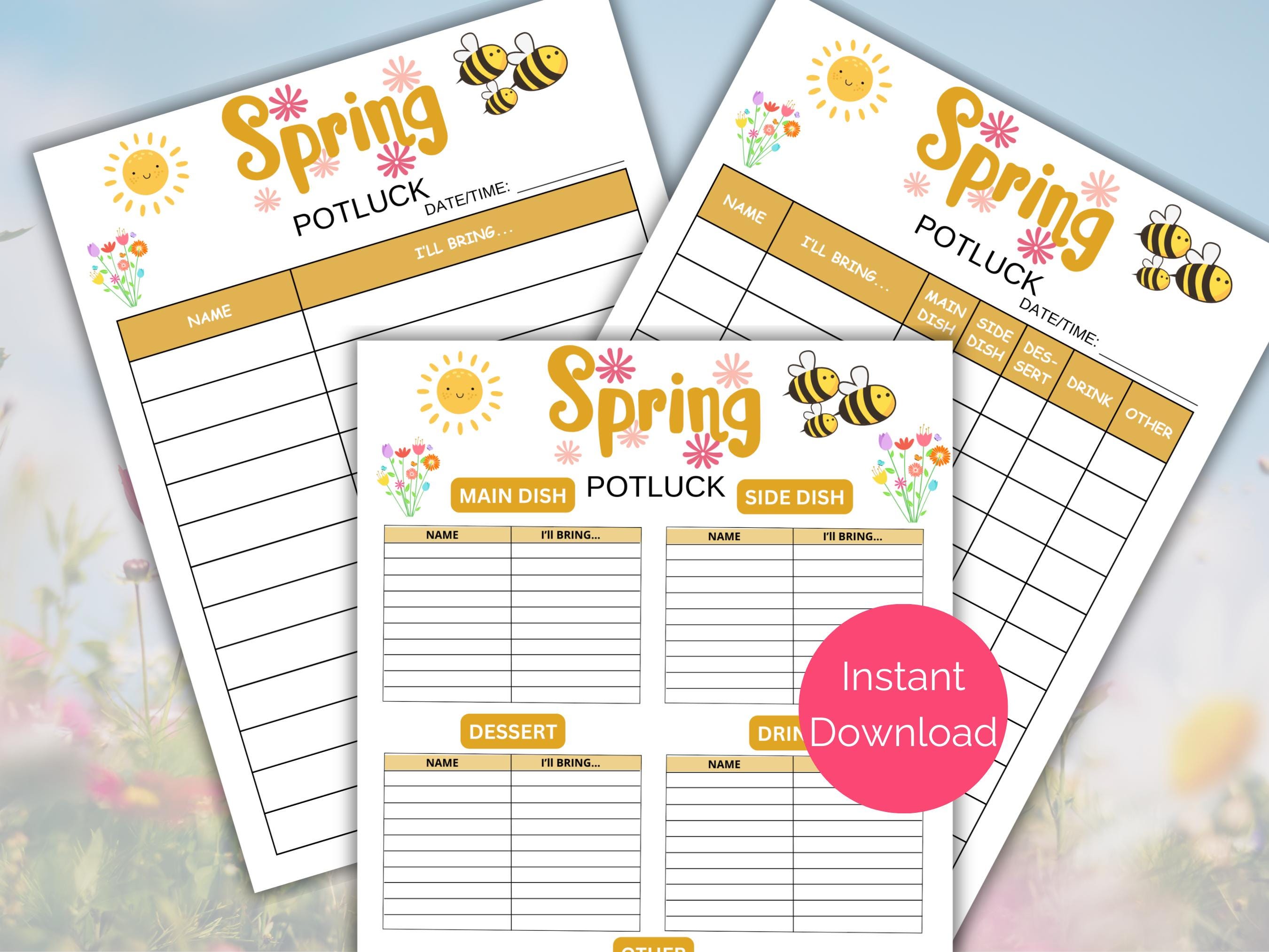 Spring Potluck Sign up Sheet, Printable Spring Party Sign up Form ...