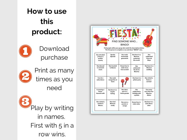 Fiesta Find Someone Who Game, Mexican Fiesta Party Mix and Mingle Bingo ...
