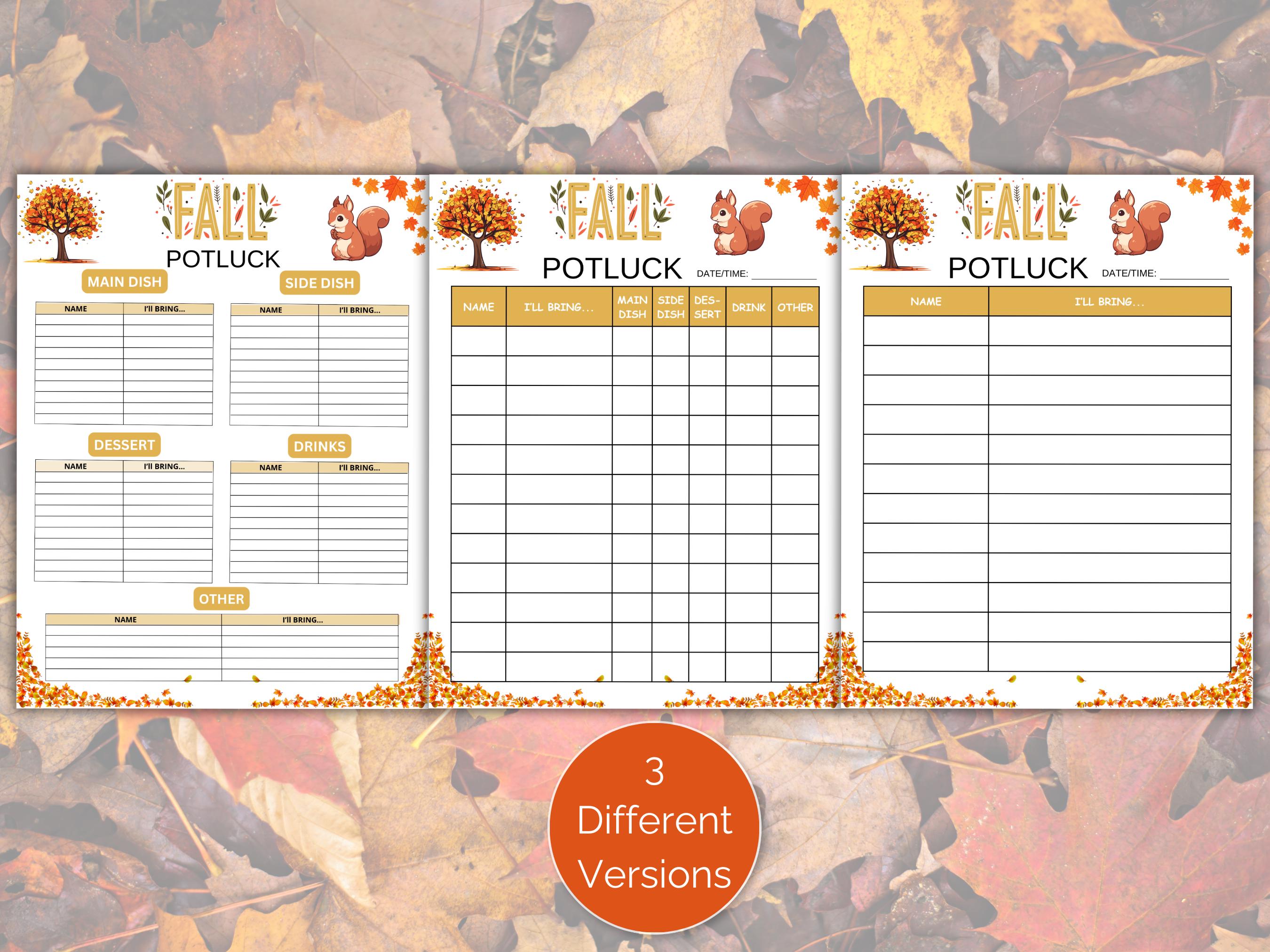 Fall Potluck Sign up Sheet, Printable Autumn Harvest Potluck Party Sign ...